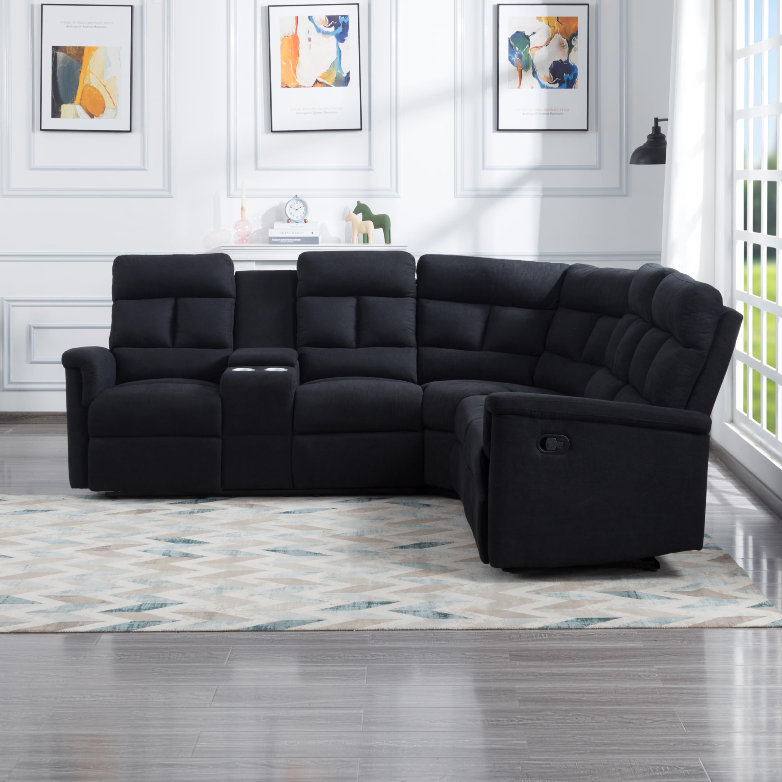 EMKK Modern Manual Reclining Motion Sectional Sofa Corner Leather Upholstered Sofá Curved L-Shaped Couch W 2 Cup Holders for Living Room Furniture Sets Villa/Apartment/Office/Home Theater Lounge Seat