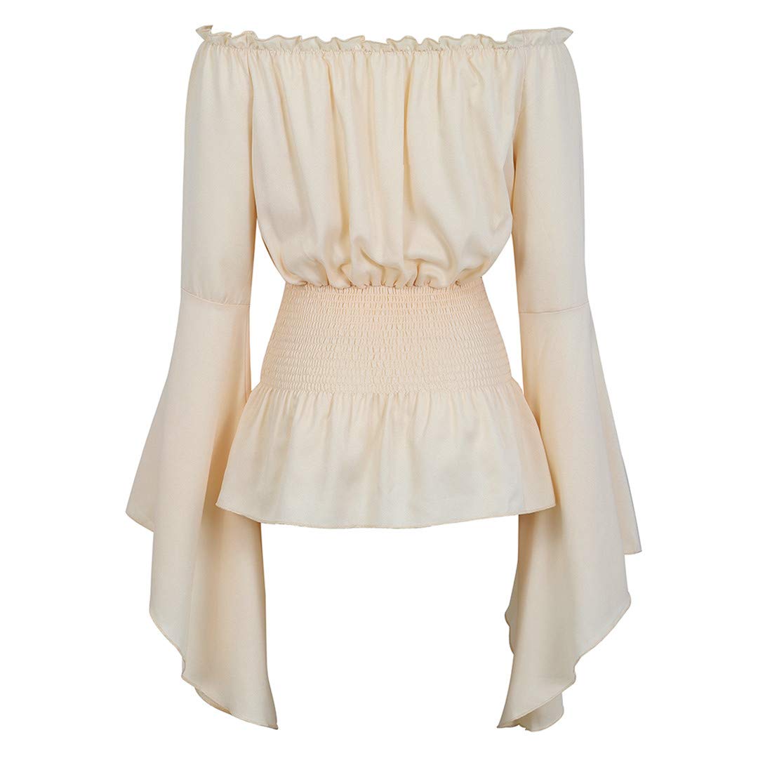 Womens Victorian Long Sleeve Boho Blouse Top Plus Size Renaissance Shirt Gothic Ruffle Pirate Skirt Cosplay Costumes Beige-M