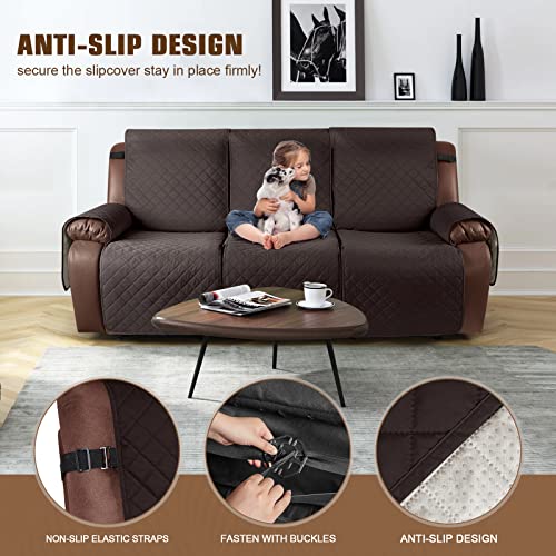 KinCam Waterproof Recliner Sofa Cover, Non-Slip Reclining Couch Covers for 3 Seat, Recliner Couch Cover Furniture Protector with Elastic Straps for Pets, Kids, Dark Chocolate
