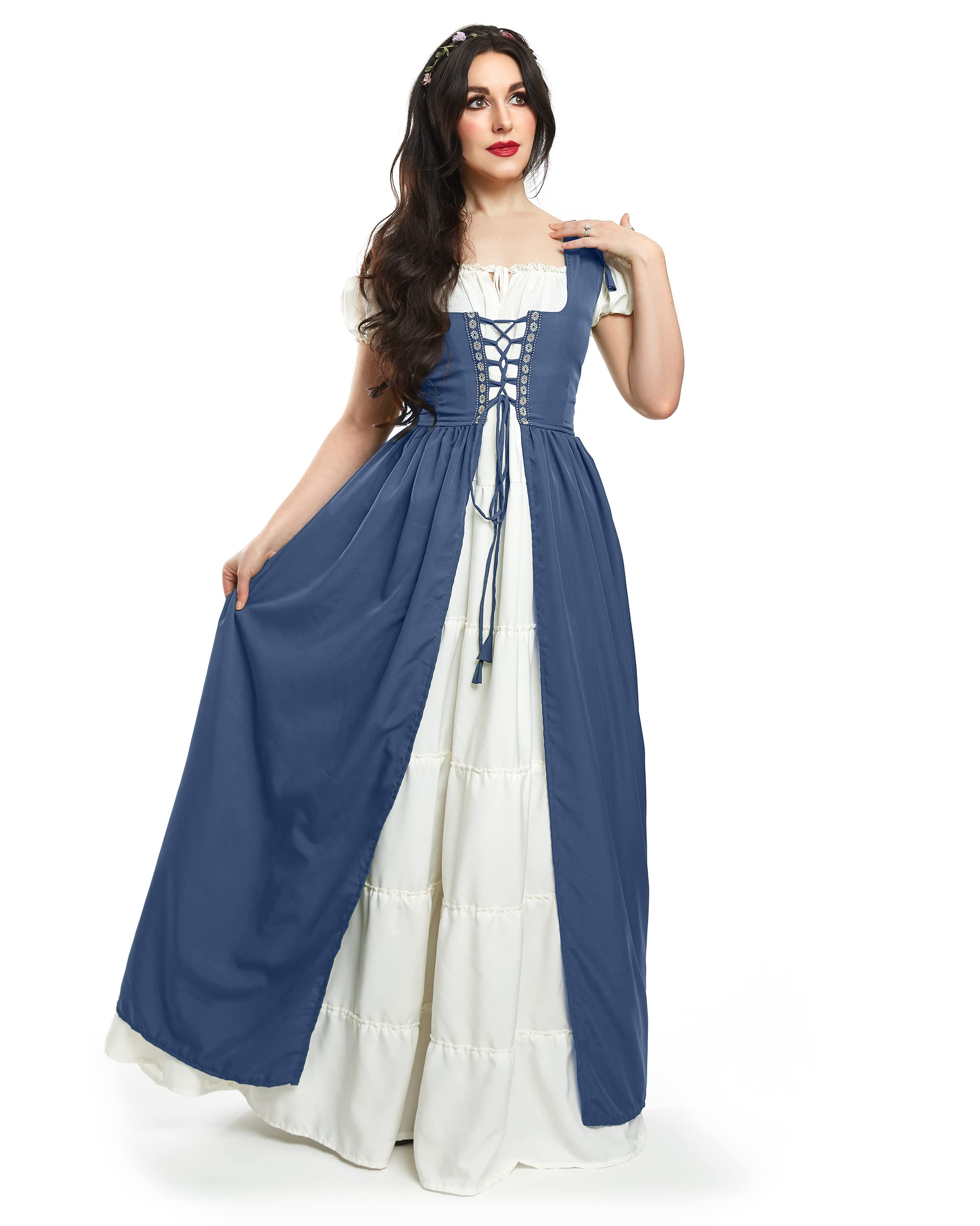 Reminisce renaissance women dress medieval Irish Costume Chemise and Over Dress (L/XL, Steel Blue)