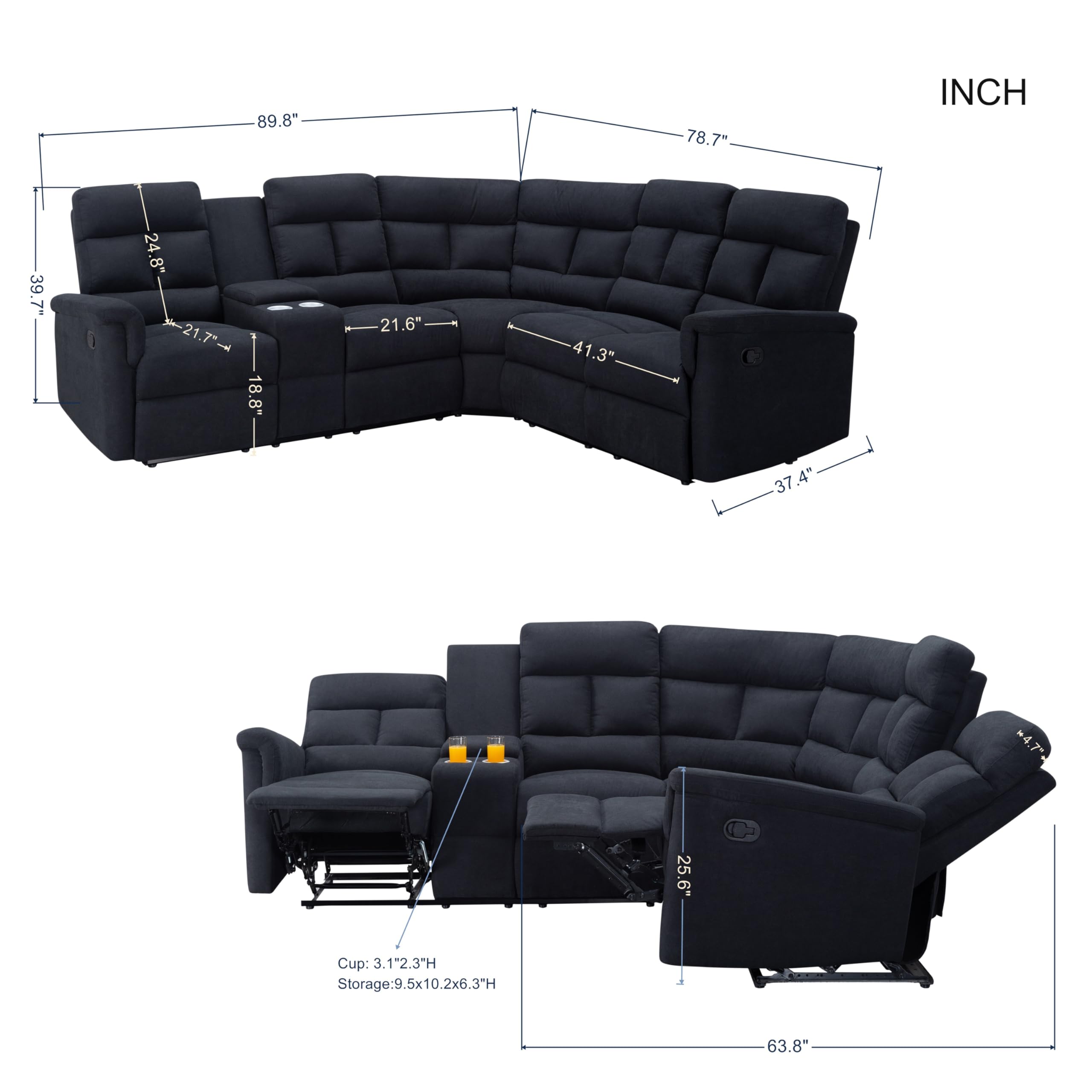 EMKK Modern Manual Reclining Motion Sectional Sofa Corner Leather Upholstered Sofá Curved L-Shaped Couch W 2 Cup Holders for Living Room Furniture Sets Villa/Apartment/Office/Home Theater Lounge Seat