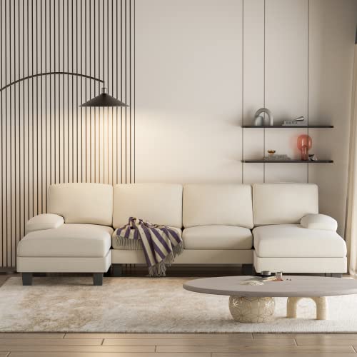 Flamaker Convertible Sectional Sofa Couch, Modern Fabric U-Shaped Living Room Furniture Set, 4-Seat Sectional Sleeper Sofa with Double Chaise & Memory Foam (White)