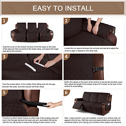 KinCam Waterproof Recliner Sofa Cover, Non-Slip Reclining Couch Covers for 3 Seat, Recliner Couch Cover Furniture Protector with Elastic Straps for Pets, Kids, Dark Chocolate