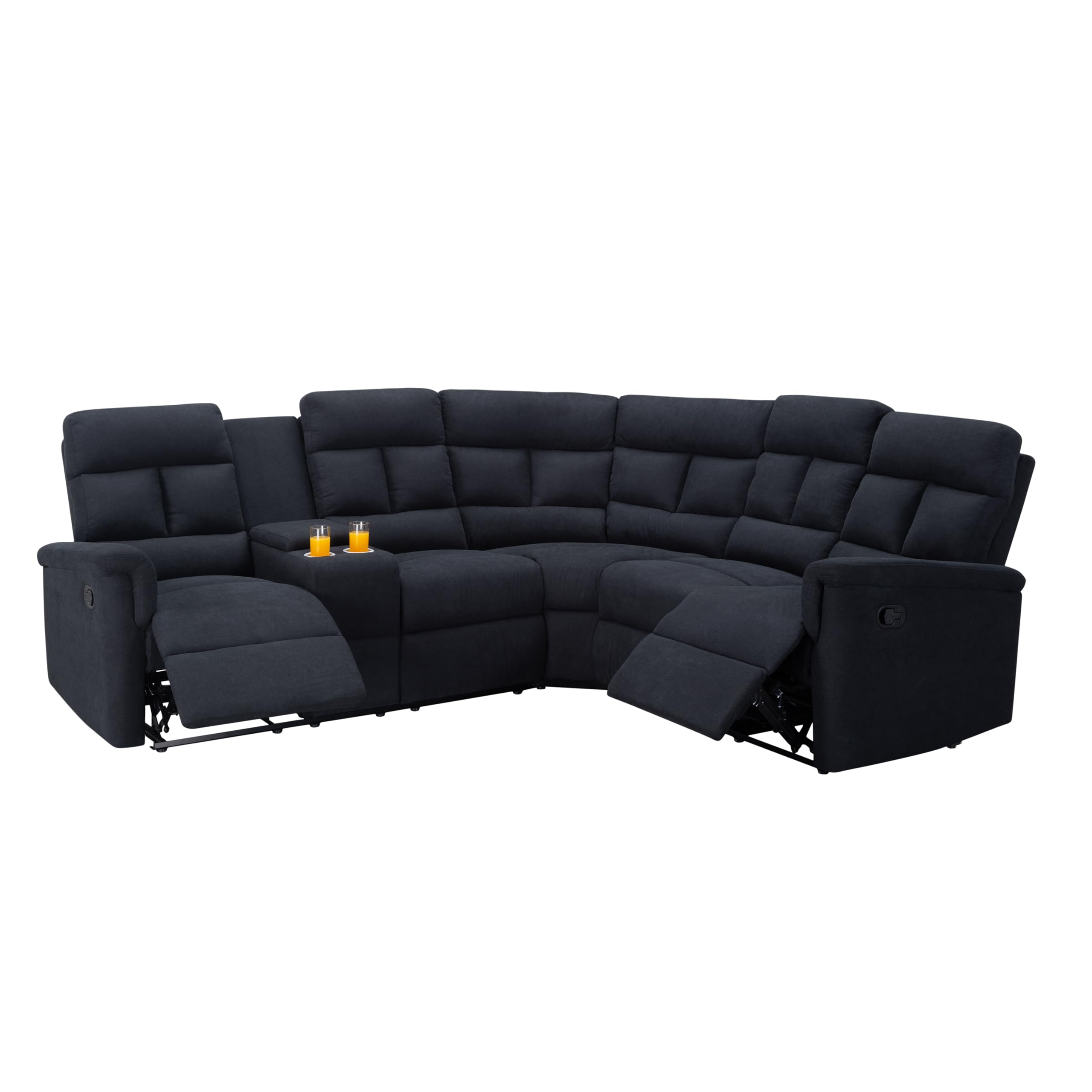 EMKK Modern Manual Reclining Motion Sectional Sofa Corner Leather Upholstered Sofá Curved L-Shaped Couch W 2 Cup Holders for Living Room Furniture Sets Villa/Apartment/Office/Home Theater Lounge Seat