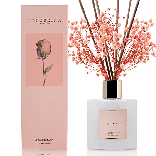 Cocorrína Premium Reed Diffuser Set with Preserved Baby's Breath & Cotton Stick Sandalwood Rose | 6.7oz Scent Fragrance Oil Diffuser for Bedroom Bathroom Living Room Home Décor