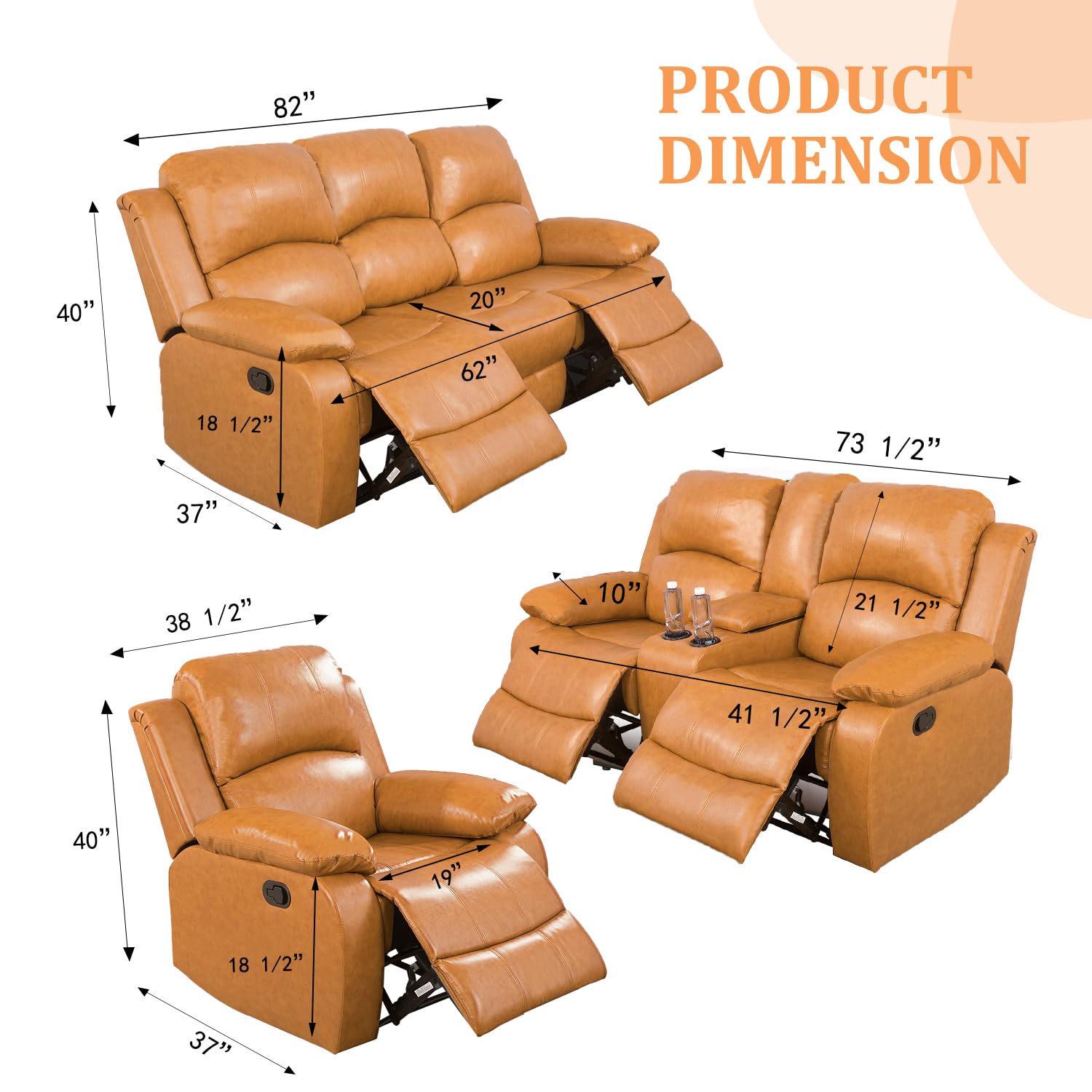 Ocstta Manual Leather Recliner Sofa Set for Living Room Furniture Set,Leather Recliner Couch Set for Home/Office,Recliner Sofa Set 2-Pieces,(Sofa and Loveseat) Ginger