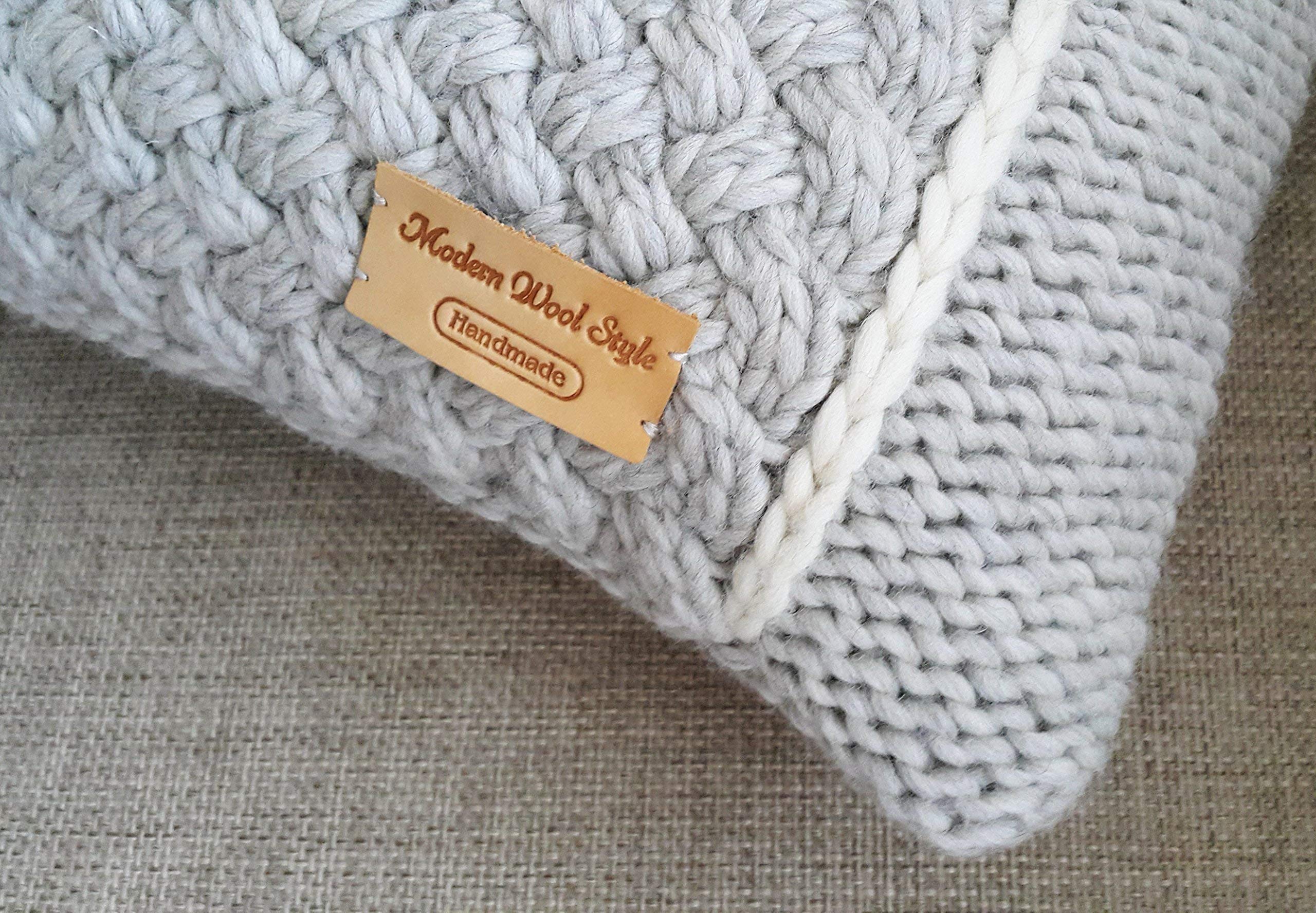 Hand Knit Pillow Wool Cushion Knitted Merino Wool Knit Pillow Grey Roving Yarn Square Handmade 16.5 x16.5 inches