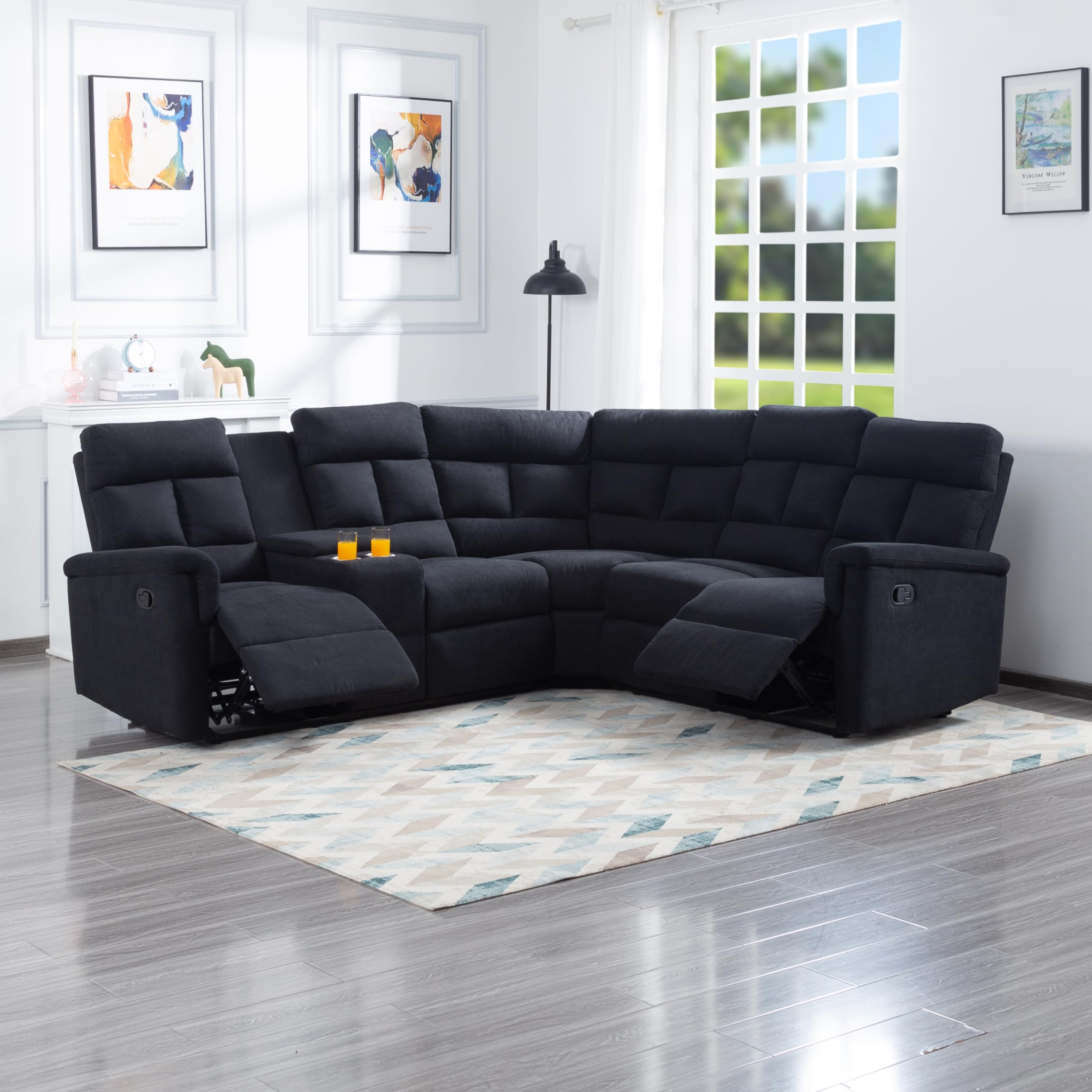 EMKK Modern Manual Reclining Motion Sectional Sofa Corner Leather Upholstered SofĂĄ Curved L-Shaped Couch W 2 Cup Holders for Living Room Furniture Sets Villa/Apartment/Office/Home Theater Lounge Seat