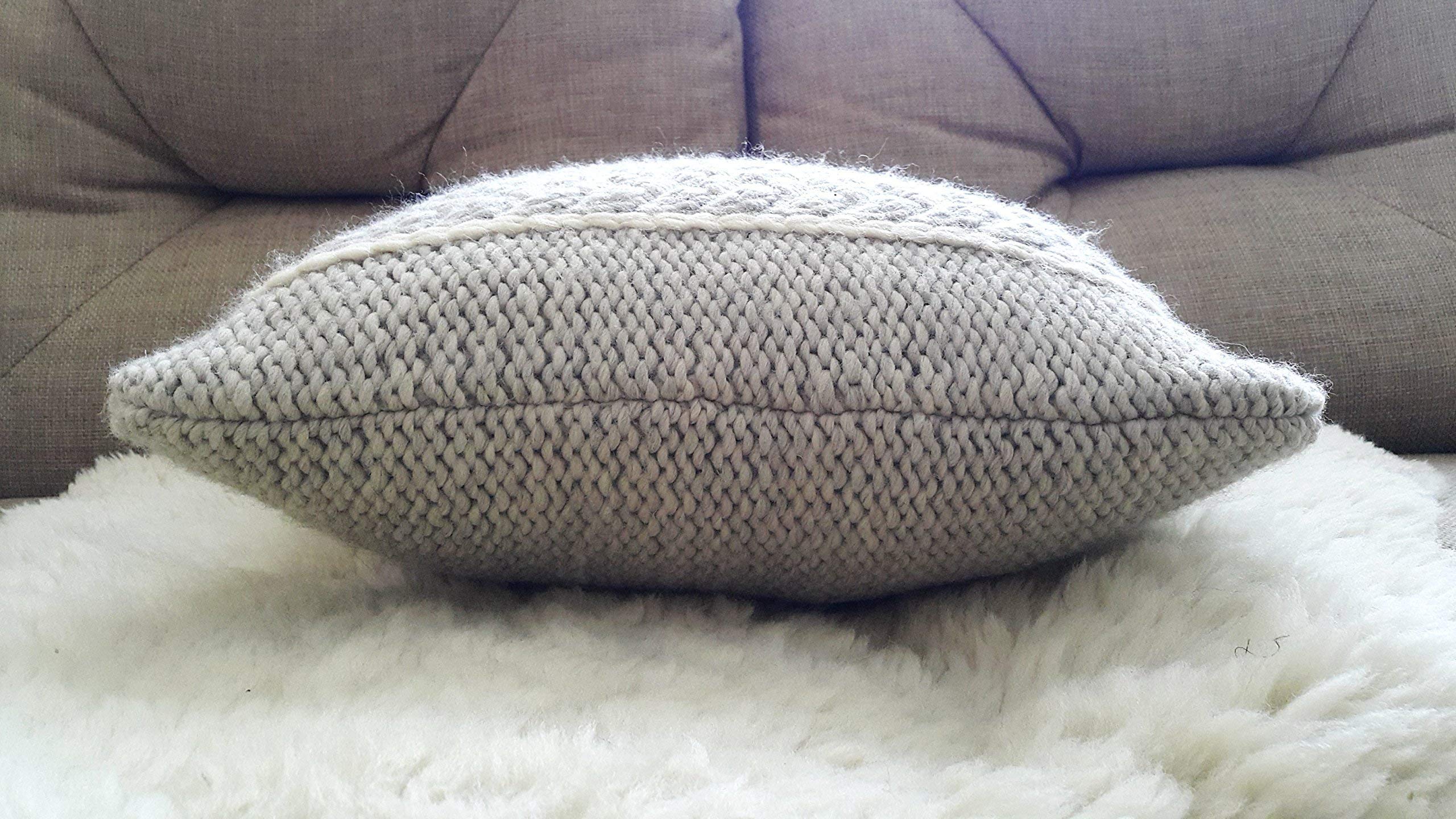 Hand Knit Pillow Wool Cushion Knitted Merino Wool Knit Pillow Grey Roving Yarn Square Handmade 16.5 x16.5 inches