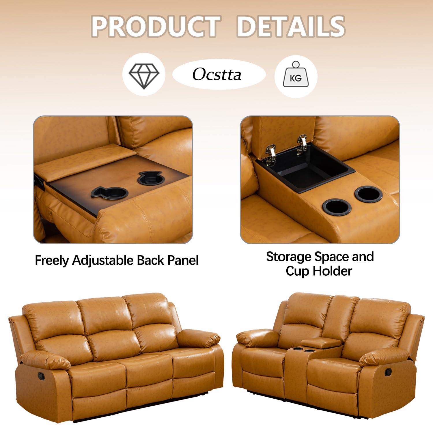 Ocstta Manual Leather Recliner Sofa Set for Living Room Furniture Set,Leather Recliner Couch Set for Home/Office,Recliner Sofa Set 2-Pieces,(Sofa and Loveseat) Ginger