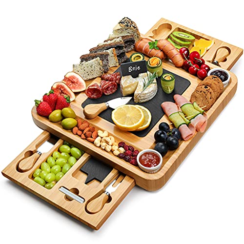 Easoger Large Charcuterie Board (28"×13"×1.6") with 2 Drawers, Bamboo Cheese Board with Knife Set, 2 Ceramic Bowls, Cutting Protection Natural Slate and Non-slip Feet, ideal for Housewarming Gift