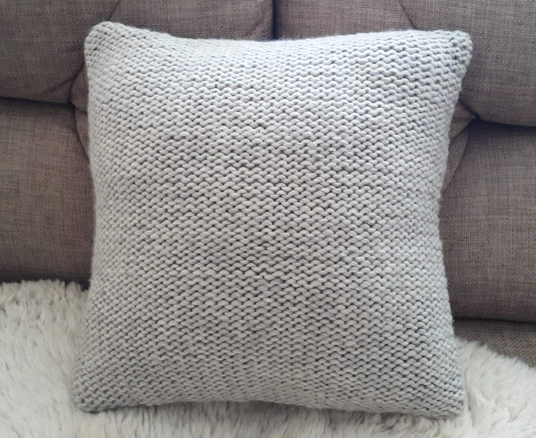 Hand Knit Pillow Wool Cushion Knitted Merino Wool Knit Pillow Grey Roving Yarn Square Handmade 16.5 x16.5 inches