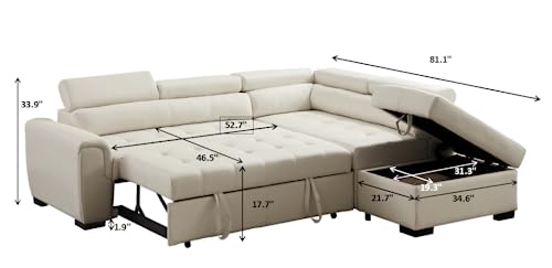 Convertible Sectional Sofa with Pull Out Bed and Adjustable Headrest , Faxu Leather Upholstered Reversible Corner Couch with Chaise and Removable Ottoman, L Shaped Tufted Sofa&Couches for Living Room