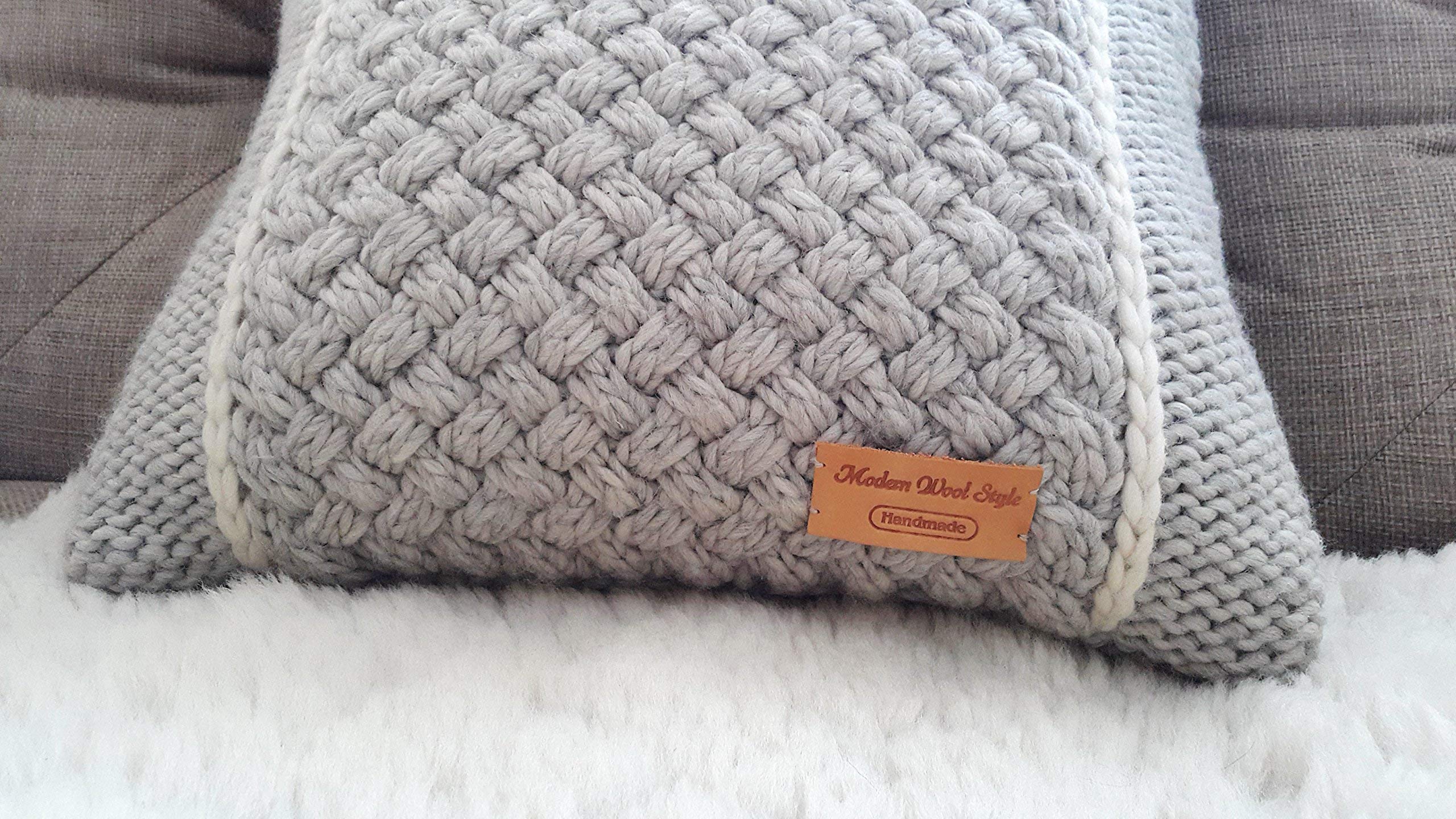Hand Knit Pillow Wool Cushion Knitted Merino Wool Knit Pillow Grey Roving Yarn Square Handmade 16.5 x16.5 inches