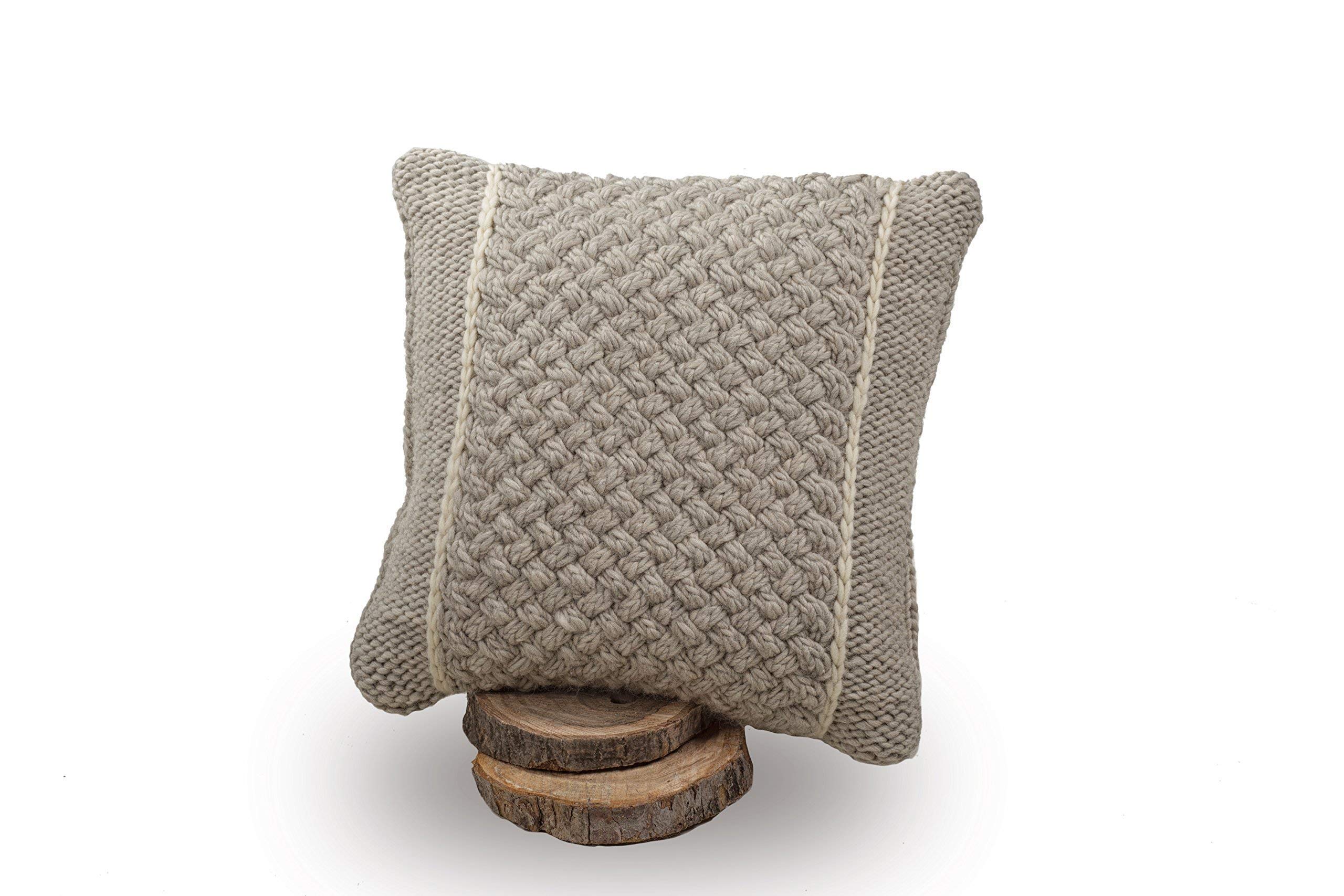 Hand Knit Pillow Wool Cushion Knitted Merino Wool Knit Pillow Grey Roving Yarn Square Handmade 16.5 x16.5 inches