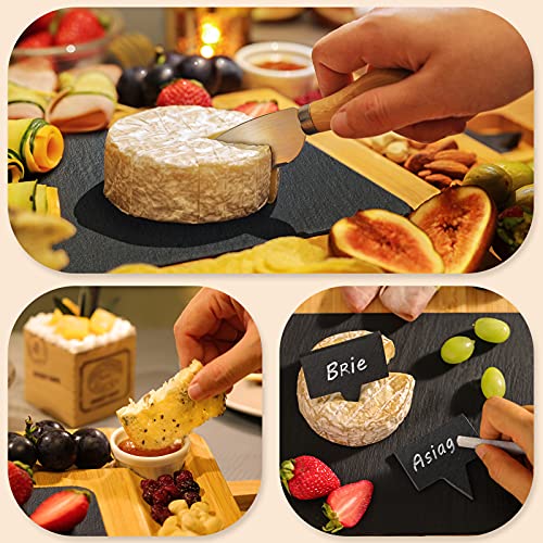 Easoger Large Charcuterie Board (28"×13"×1.6") with 2 Drawers, Bamboo Cheese Board with Knife Set, 2 Ceramic Bowls, Cutting Protection Natural Slate and Non-slip Feet, ideal for Housewarming Gift