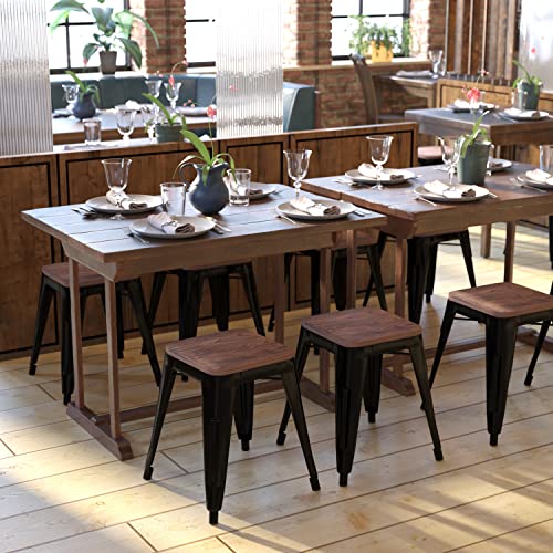 Flash Furniture Metal Dining Table Height Stool with Wooden Seat Set of 4 - Backless Black Commercial Grade Stool - 18" Stackable Dining Chairs