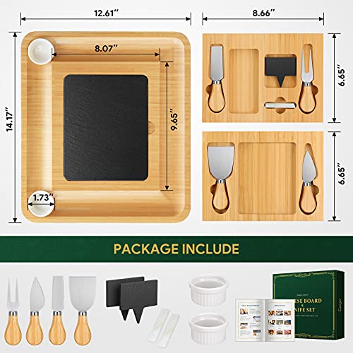 Easoger Large Charcuterie Board (28"×13"×1.6") with 2 Drawers, Bamboo Cheese Board with Knife Set, 2 Ceramic Bowls, Cutting Protection Natural Slate and Non-slip Feet, ideal for Housewarming Gift