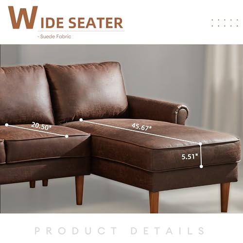 Weaxty 81.55" Sofa Couch, L Shaped Faux Leather Sectional with Chaise Suede Fabric Couch Sofas with Comfortable Cushions for Small Space Living Room Apartment, Right Chaise Dark Brown