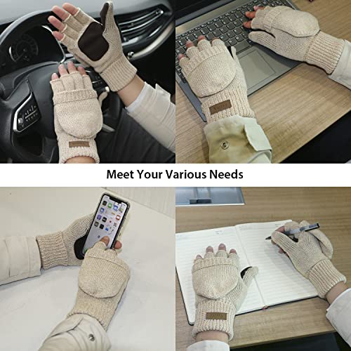 ViGrace Winter Knitted Convertible Fingerless Gloves Wool Mittens Warm Mitten Glove for Women and Men