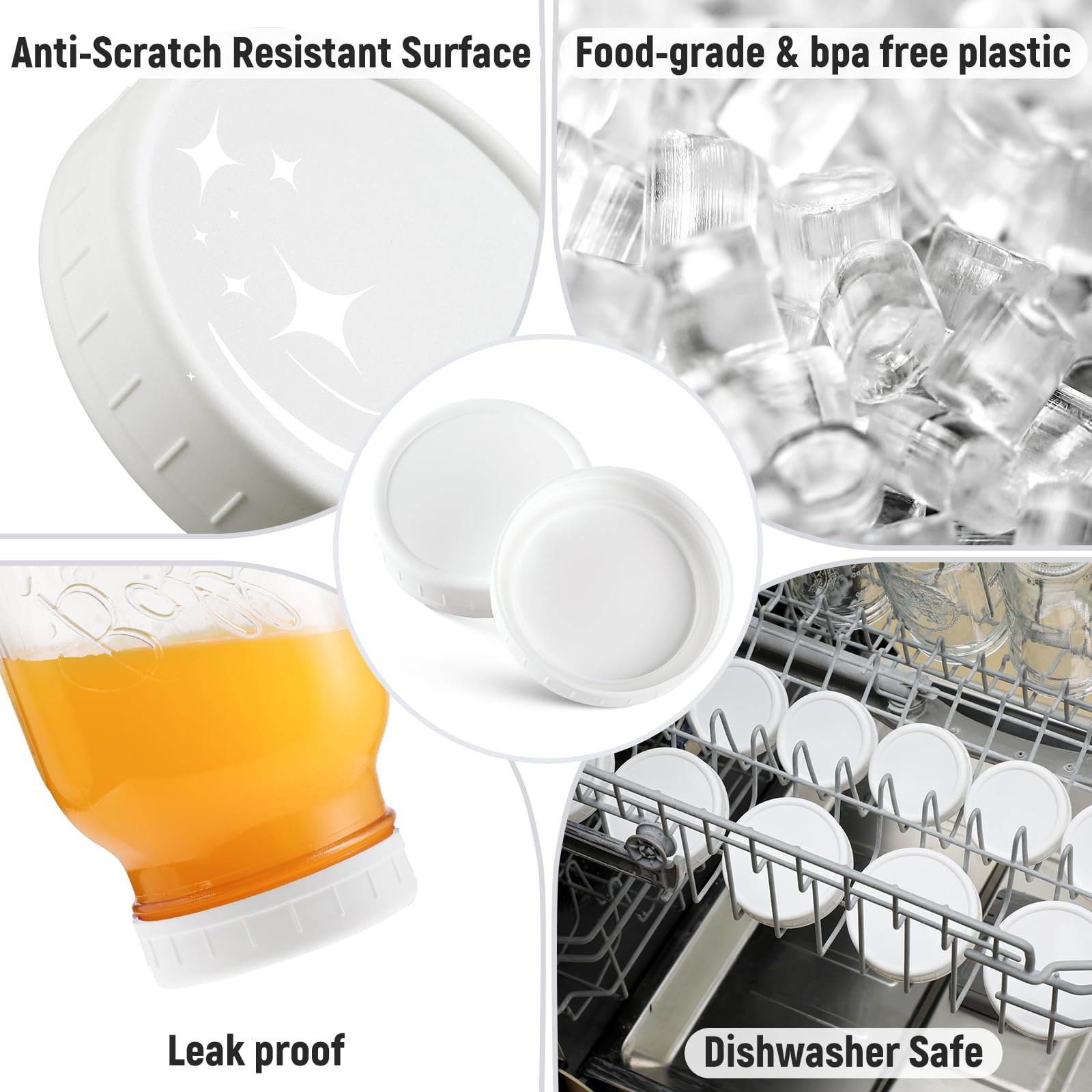 WIDE Mouth Mason Jar Lids [16 Pack] for Ball, Kerr and More - White Plastic Storage Caps for Mason/Canning Jars - Leak-Proof