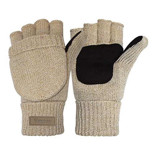 ViGrace Winter Knitted Convertible Fingerless Gloves Wool Mittens Warm Mitten Glove for Women and Men