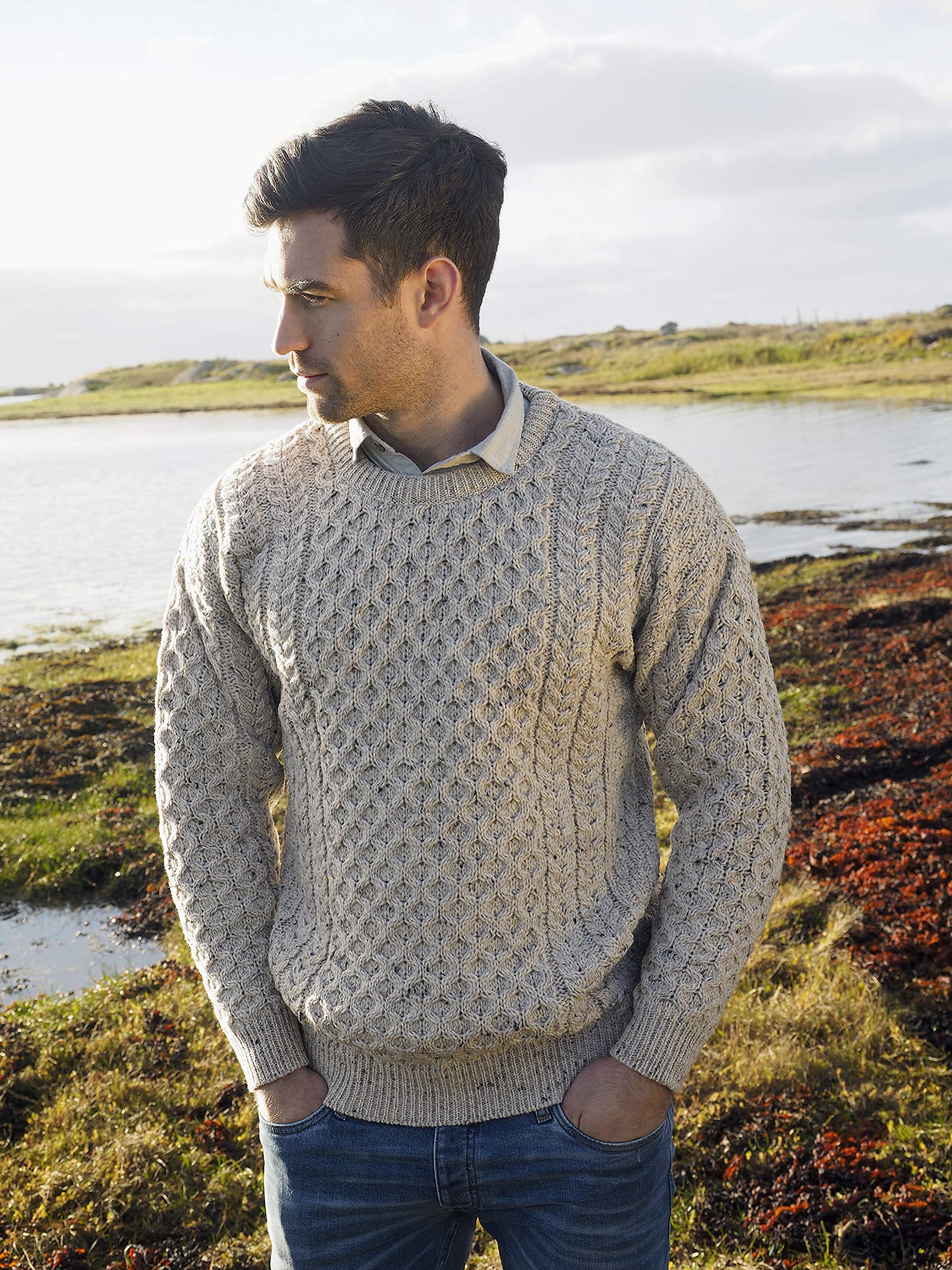 Aran Crafts Unisex Irish Cable Knitted Wool Crew Neck Sweater (C1949-MED-OAT) Oatmeal