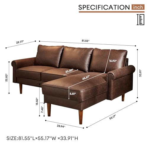 Weaxty 81.55" Sofa Couch, L Shaped Faux Leather Sectional with Chaise Suede Fabric Couch Sofas with Comfortable Cushions for Small Space Living Room Apartment, Right Chaise Dark Brown