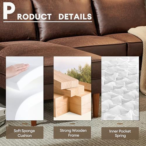 Weaxty 81.55" Sofa Couch, L Shaped Faux Leather Sectional with Chaise Suede Fabric Couch Sofas with Comfortable Cushions for Small Space Living Room Apartment, Right Chaise Dark Brown