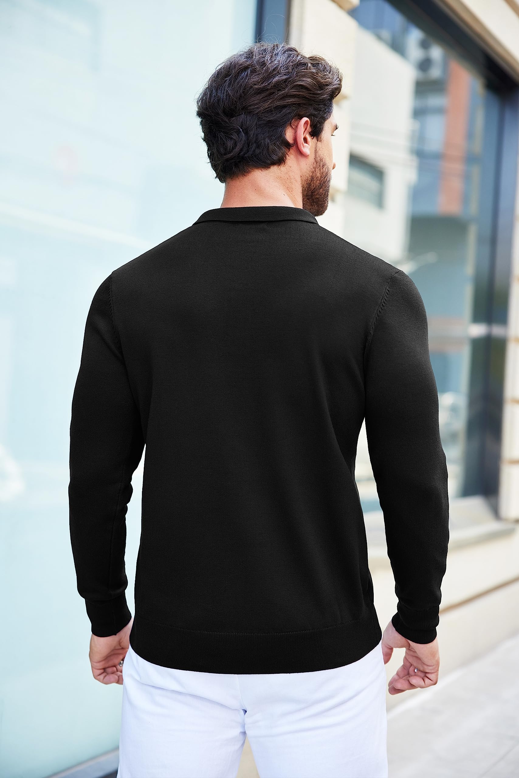 COOFANDY Men's Knit Polo Shirt Long Sleeve Vintage Golf Shirt Lightweight Sweater Black