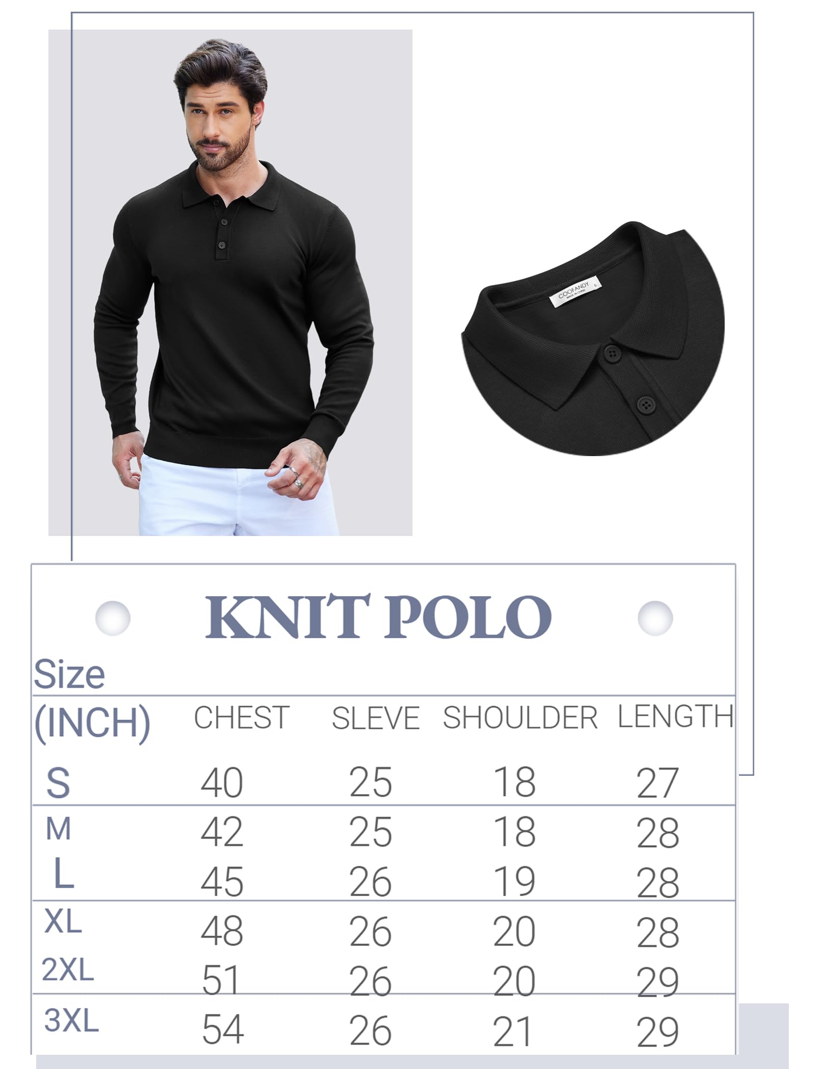 COOFANDY Men's Knit Polo Shirt Long Sleeve Vintage Golf Shirt Lightweight Sweater Black