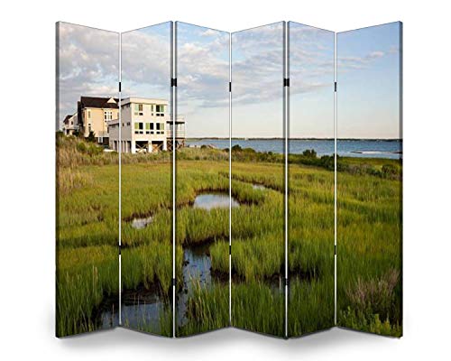Dola-Dola Wood Screen Room Divider House in The Hamptons Folding Screen Waterproof Canvas Panels Indoor Portable Privacy Dual-Sided Display Shelves 6 Panels