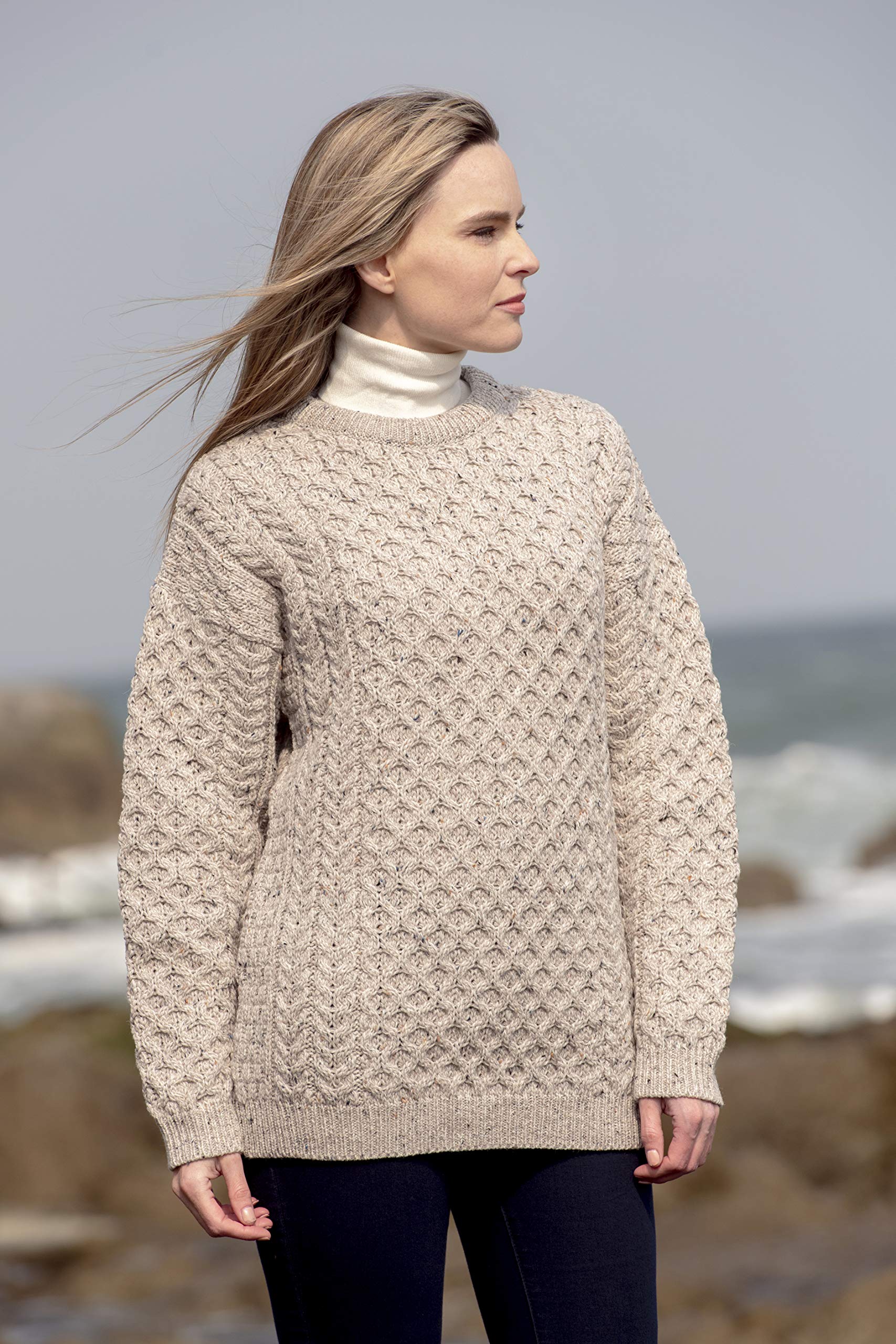 Aran Crafts Unisex Irish Cable Knitted Wool Crew Neck Sweater (C1949-MED-OAT) Oatmeal