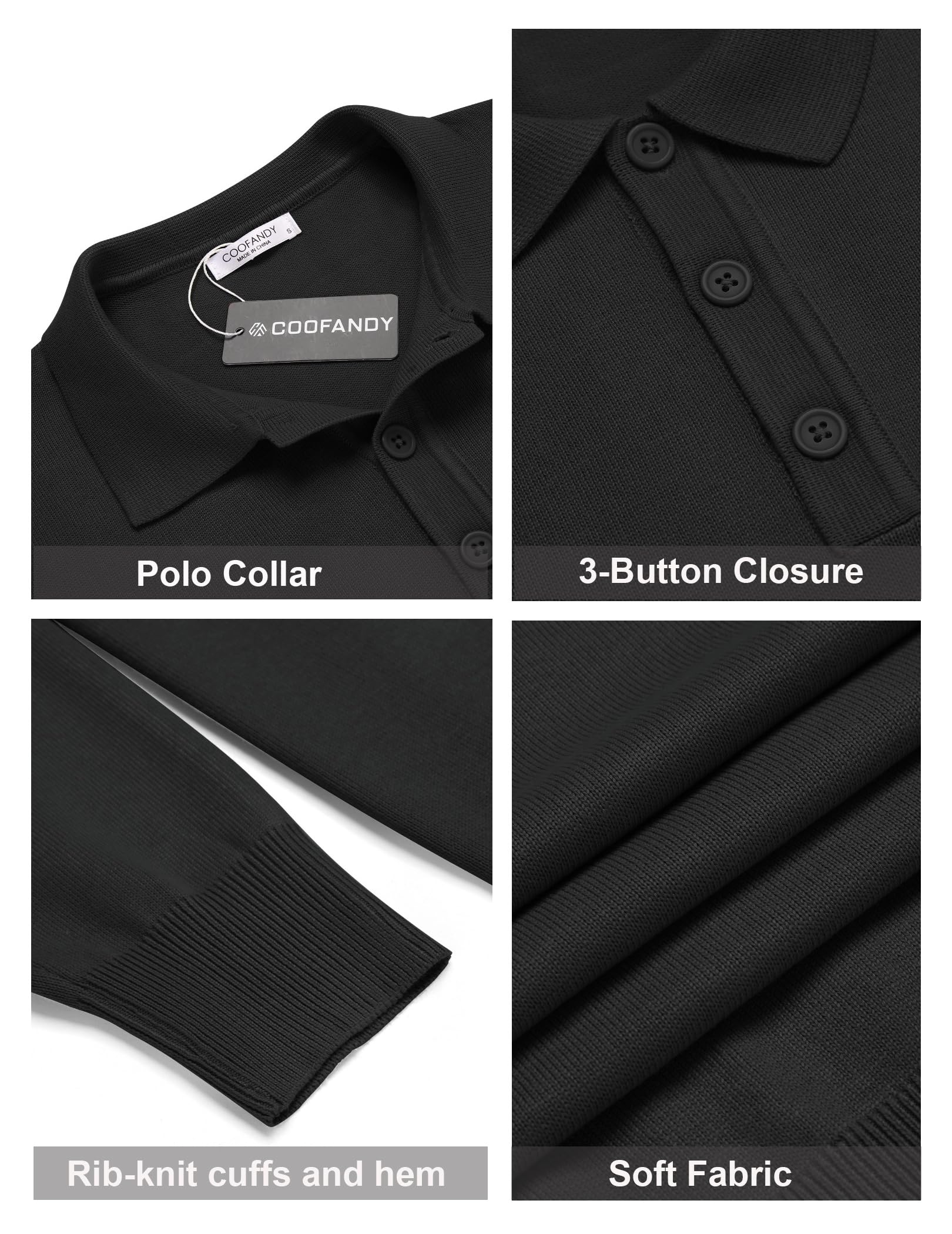 COOFANDY Men's Knit Polo Shirt Long Sleeve Vintage Golf Shirt Lightweight Sweater Black