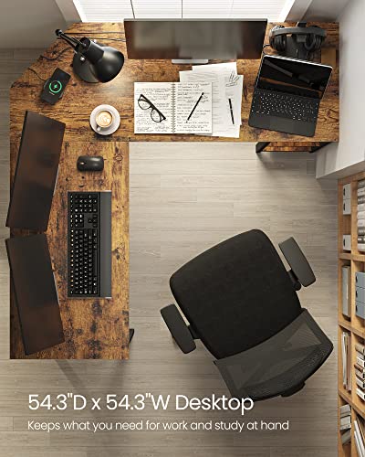 VASAGLE L-Shaped Computer Desk, Corner Desk, 54-Inch Writing Study Workstation, Rustic Brown and Black ULWD72X
