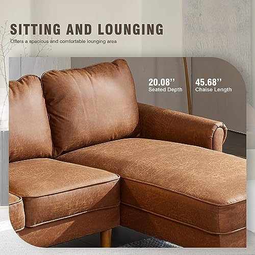 HOOOWOOO 81.51" L Shaped Couch Mid Century Modern Sectional Couch Brown Faux Leather Sofa with Right Chaise 3-Seater Rolled Arms Solid Wood Frame for Living Room Apartment