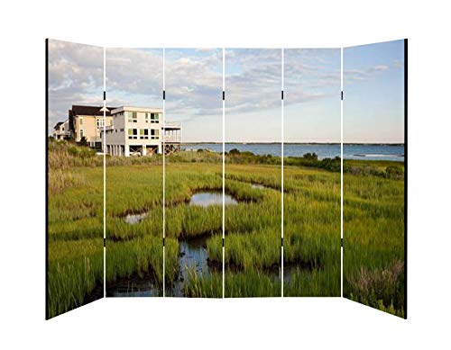 Dola-Dola Wood Screen Room Divider House in The Hamptons Folding Screen Waterproof Canvas Panels Indoor Portable Privacy Dual-Sided Display Shelves 6 Panels