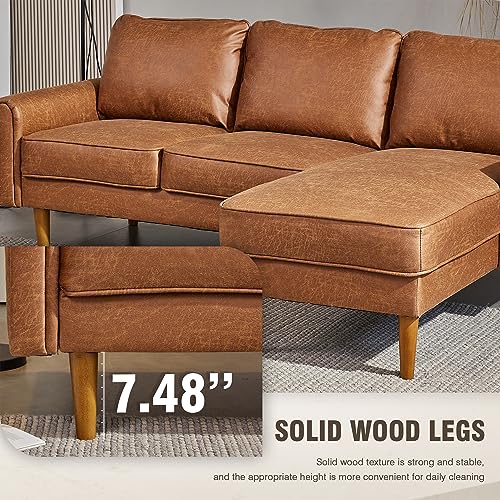 HOOOWOOO 81.51" L Shaped Couch Mid Century Modern Sectional Couch Brown Faux Leather Sofa with Right Chaise 3-Seater Rolled Arms Solid Wood Frame for Living Room Apartment