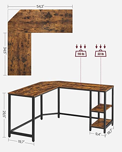 VASAGLE L-Shaped Computer Desk, Corner Desk, 54-Inch Writing Study Workstation, Rustic Brown and Black ULWD72X