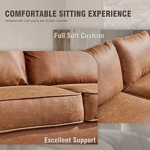 HOOOWOOO 81.51" L Shaped Couch Mid Century Modern Sectional Couch Brown Faux Leather Sofa with Right Chaise 3-Seater Rolled Arms Solid Wood Frame for Living Room Apartment
