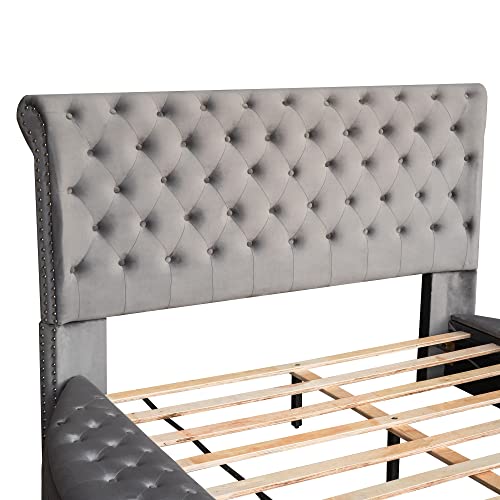 Bedroom Set Full Bedroom Furniture with 3 Storage Space, Round Shaped Velvet Upholstered Bed with Deep Button Tufting, and Storage for Bedroom, for Family, Teens, No Box Spring Needed