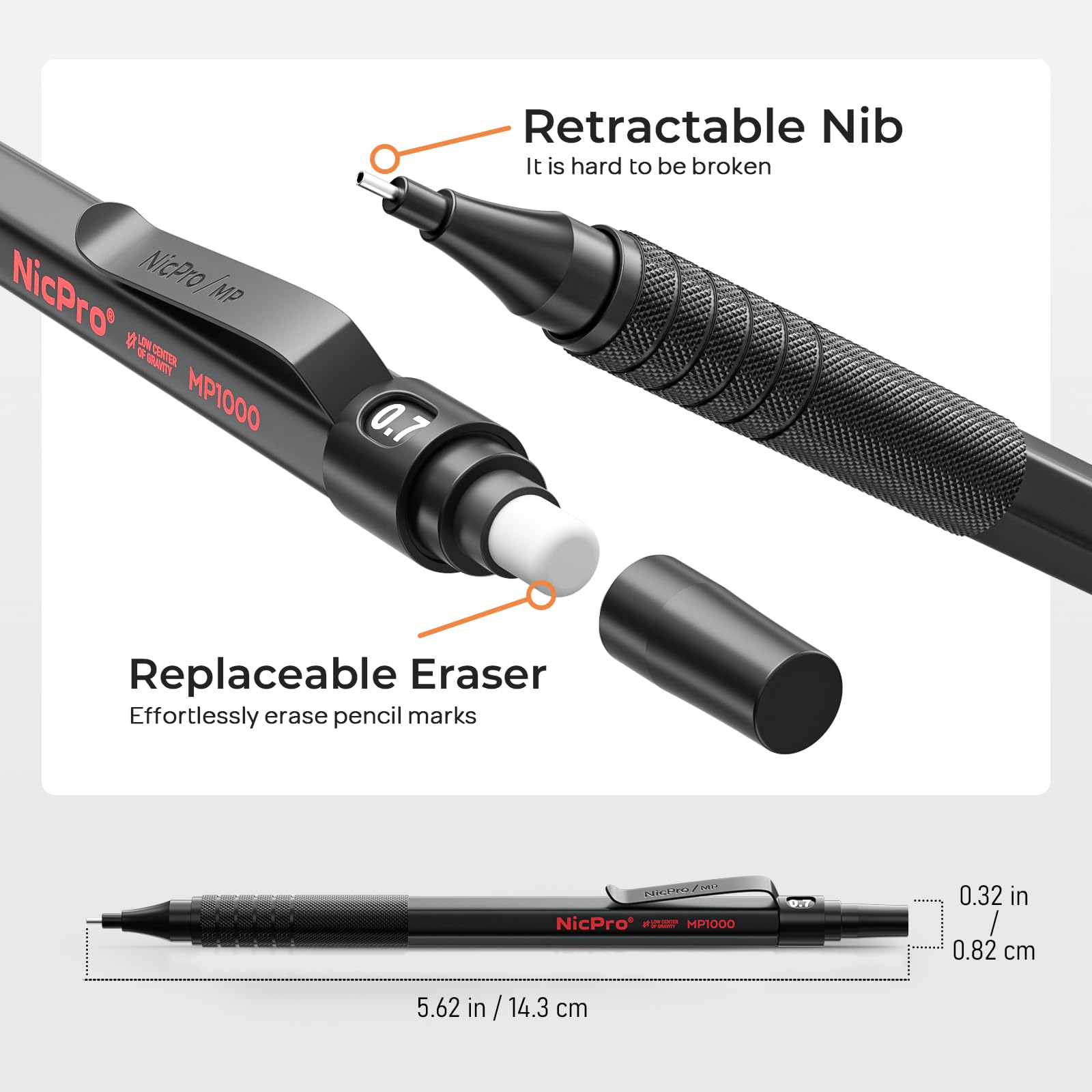 Nicpro 0.7 mm Mechanical Pencils Set with Case, 3 Metal Artist Pencil With 6 Tube HB Lead Refills, 3 Erasers, 9 Eraser Refills For Architect Art Writing Drafting Drawing, Engineering, Sketching, Black