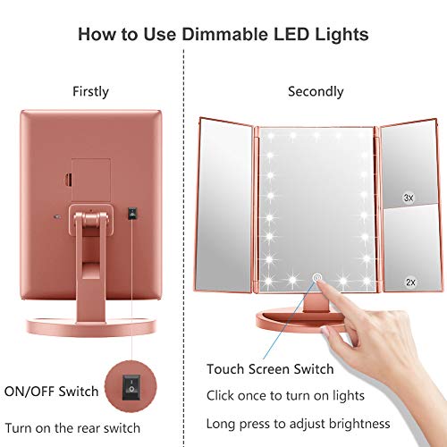 WEILY Makeup Mirror with 21 LED Lights,Two Power Supply, Touch Screen and 1x/2x/3x Magnification Tri-Fold Vanity Mirror, Gift for Women(Rose Gold)