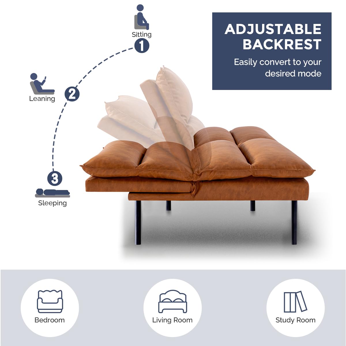 IULULU Futon Sofa Bed, 71 Inch 3-Seater Faux Leather Couch, Convertible Armless Sleeper with Adjustable Backrest for Small Space, Tan