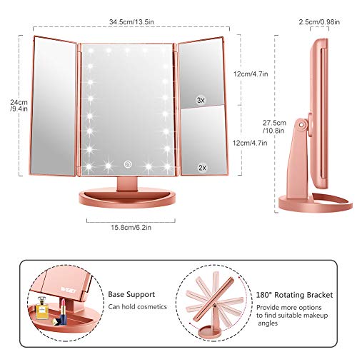 WEILY Makeup Mirror with 21 LED Lights,Two Power Supply, Touch Screen and 1x/2x/3x Magnification Tri-Fold Vanity Mirror, Gift for Women(Rose Gold)
