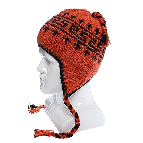 Hand Knit Sherpa Wool Hat with Micro Fleece Lining and Ear Flaps, Handmade Winter Toque, Christmas Beanie, Made in Nepal (Black and Orange)