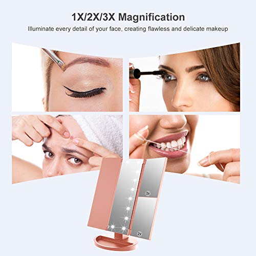 WEILY Makeup Mirror with 21 LED Lights,Two Power Supply, Touch Screen and 1x/2x/3x Magnification Tri-Fold Vanity Mirror, Gift for Women(Rose Gold)