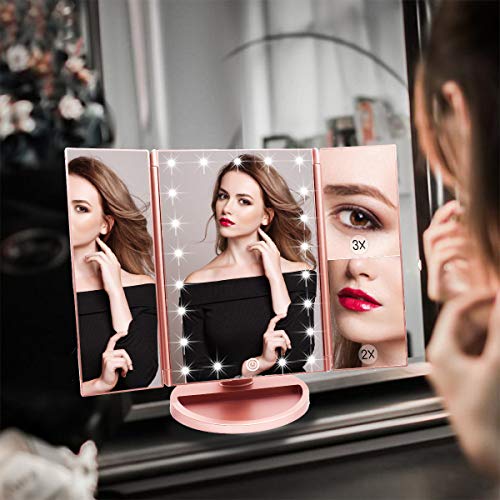 WEILY Makeup Mirror with 21 LED Lights,Two Power Supply, Touch Screen and 1x/2x/3x Magnification Tri-Fold Vanity Mirror, Gift for Women(Rose Gold)