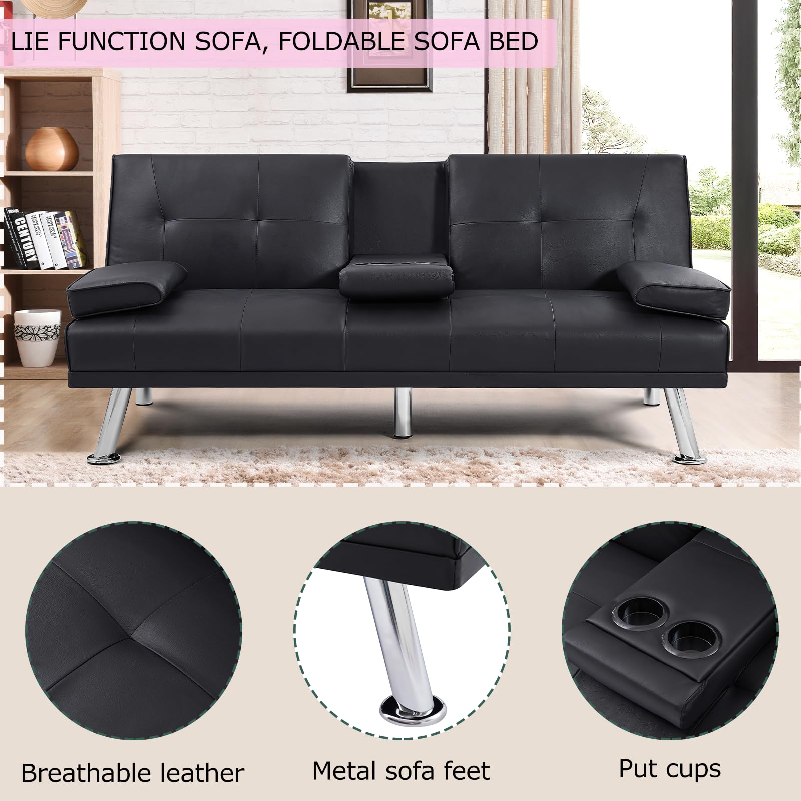 Convertible Futon Sofa Bed, Modern Leather Couch Upholstered Loveseat Sleeper Sofa with Cup Holder and Adjustable Back, Recliner Folding for Living Room, Apartment, Office (Black)