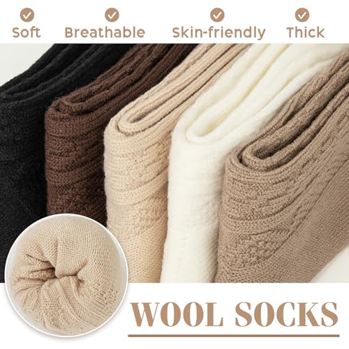Justay 5 Pairs Womens Wool Thick Warm Winter Socks, Casual Cozy Vintage Knit Crew Socks Gift for Women